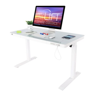 Airlift height adjustable electric desk with glass top store