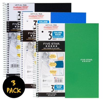 Five Star® Wirebound Notebook, 3 Subject, College Ruled, 11" x 8 1/2 ...
