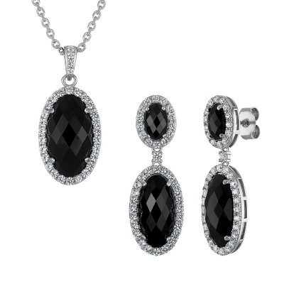 Click here for Onyx and Lab Created White Sapphire Pendant and Ea... prices