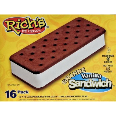 Rich's Ice Cream Grande Vanilla Sandwich, Frozen (16pk/4oz each) - Sam ...