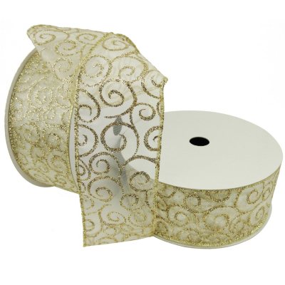 Member's Mark Premium Wired Ribbon, Champagne Glitter Swirls on Ivory ...