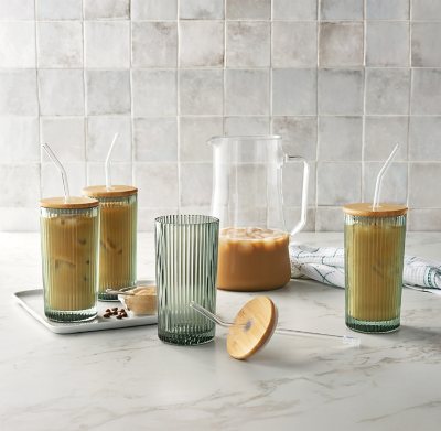Click here for 4-pack Glass Tumblers with Lids - Green:- Green prices