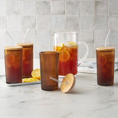 Click here for 4-pack Glass Tumblers with Lids - Amber:- Amber prices
