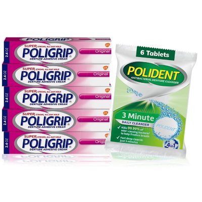 Poligrip Denture Adhesive Cream 2.4 oz., 5 ct. + Polident Cleanser 6 ...