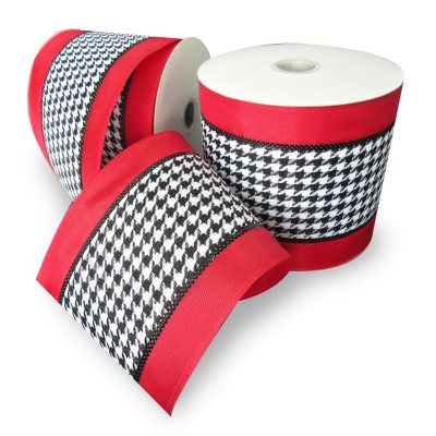 Premium Wired Woven 5" Ribbon, Houndstooth with Red Border and Black ...