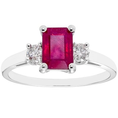 Three Stone Octagonal Ruby Ring with 0.20CT. T.W. Diamond Set in 14K ...