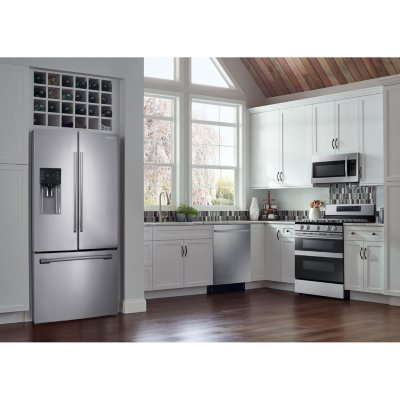 SAMSUNG 3 Door Refrigerator Flex Duo Gas Range Microwave and Dishwasher Package Stainless Steel RF263BEAESR ME18H704SFS NX58M6850SS DW80K7050US Sam s Club