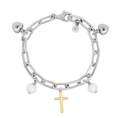 Click here for Paperclip Cross Pearl Bracelet in Italian Sterling... prices