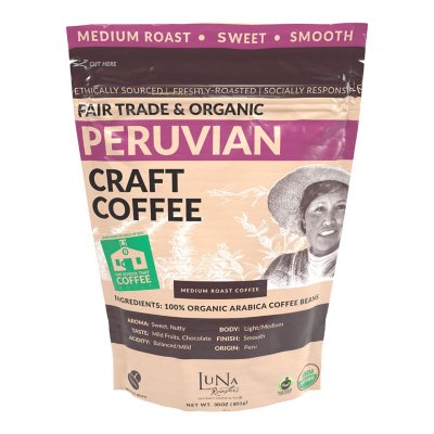 Luna Roasters Organic Peruvian Whole Bean Coffee, Medium Roast, 30 oz ...