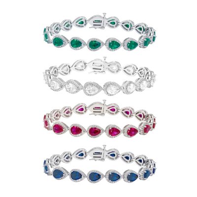 Click here for Pear Cut Lab Created Gemstone Halo Tennis Bracelet... prices