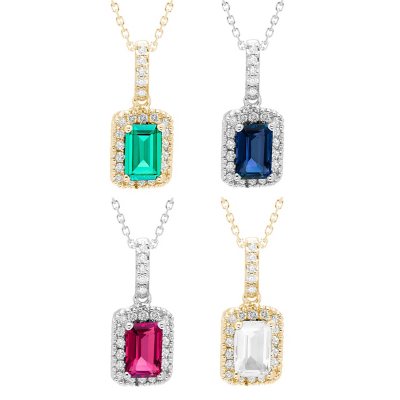 Click here for Emerald Cut Lab Created Gemstone & Diamond Halo Pe... prices