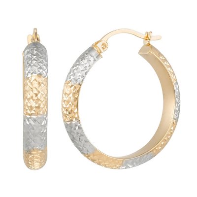 Click here for Two Tone Diamond Cut Round Hoop Earrings in 14K Go... prices