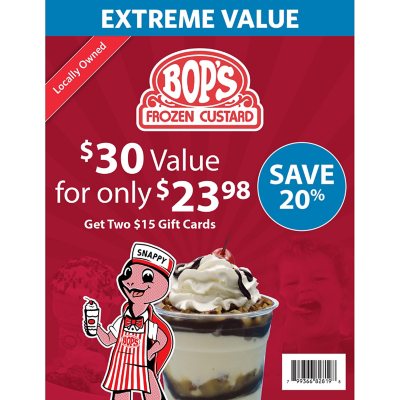 Click here for Bops Frozen Custard $30 Value Gift Cards - 2 X $15 prices