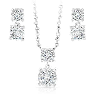 Lab White Sapphire Pendant and Earring Set in Sterling Silver - Round:- Round
