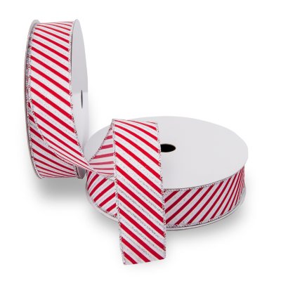 Premium Wired Satin Ribbon, White Satin Ribbon with Red Candy Cane ...